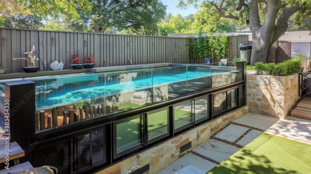 Modern ranch with a backyard lap pool that includes a transparent side ...