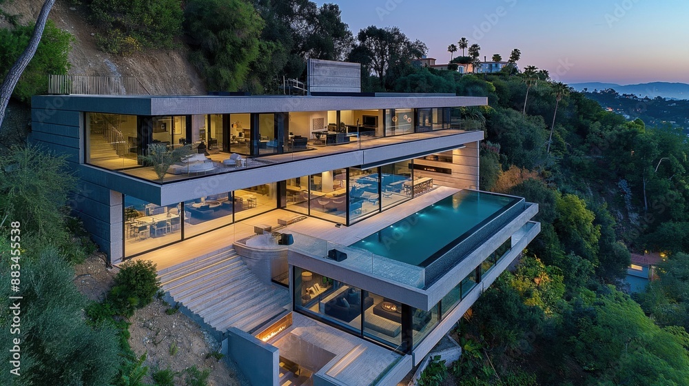 Modern luxury hillside mansion with floor-to-ceiling windows, multiple ...