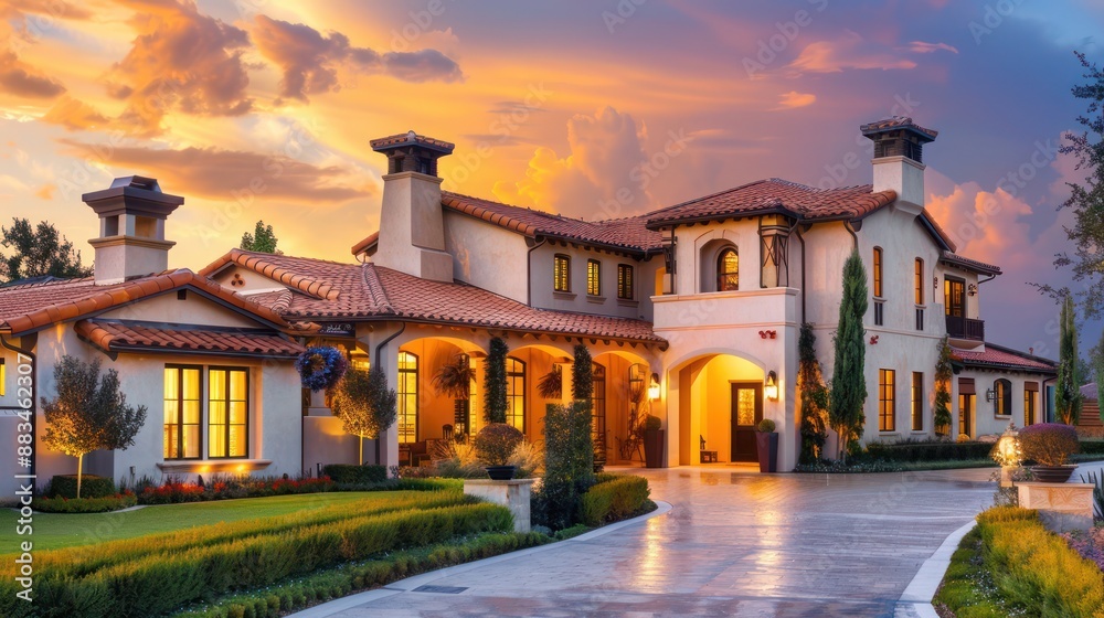 The lush exterior of a suburban Mediterranean home during golden hour ...