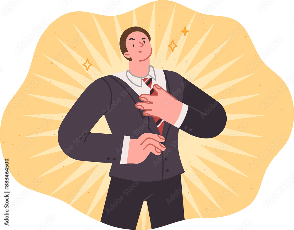 Narcissistic man ties tie and looks up proudly, feeling confident in ...