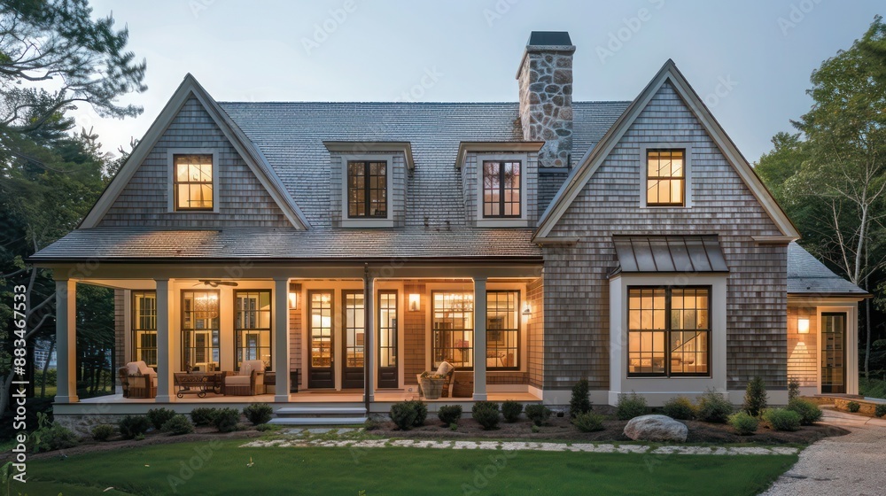 suburban farmhouse with a Cape Cod style, featuring shingle siding ...