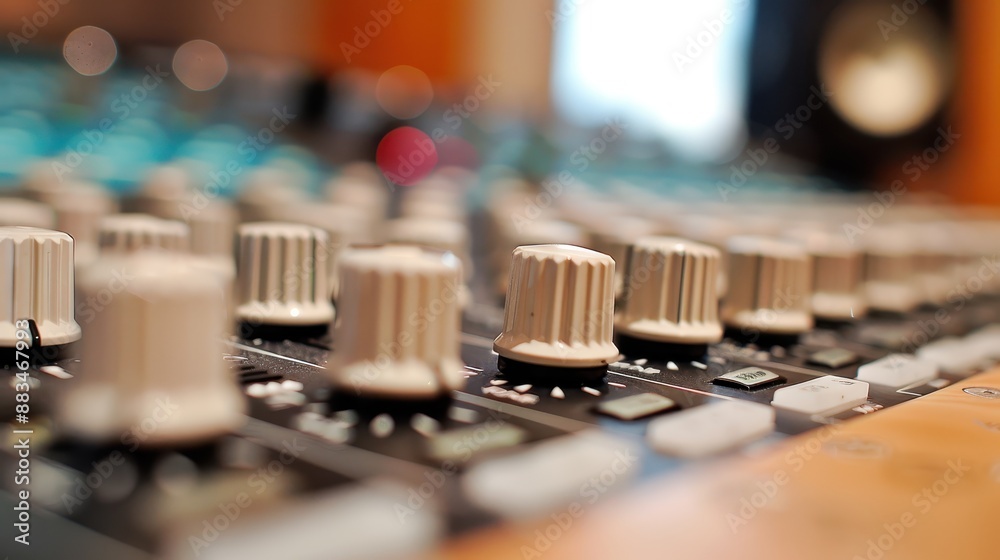 Detailed close-up showing various knobs and dials on an audio mixing ...