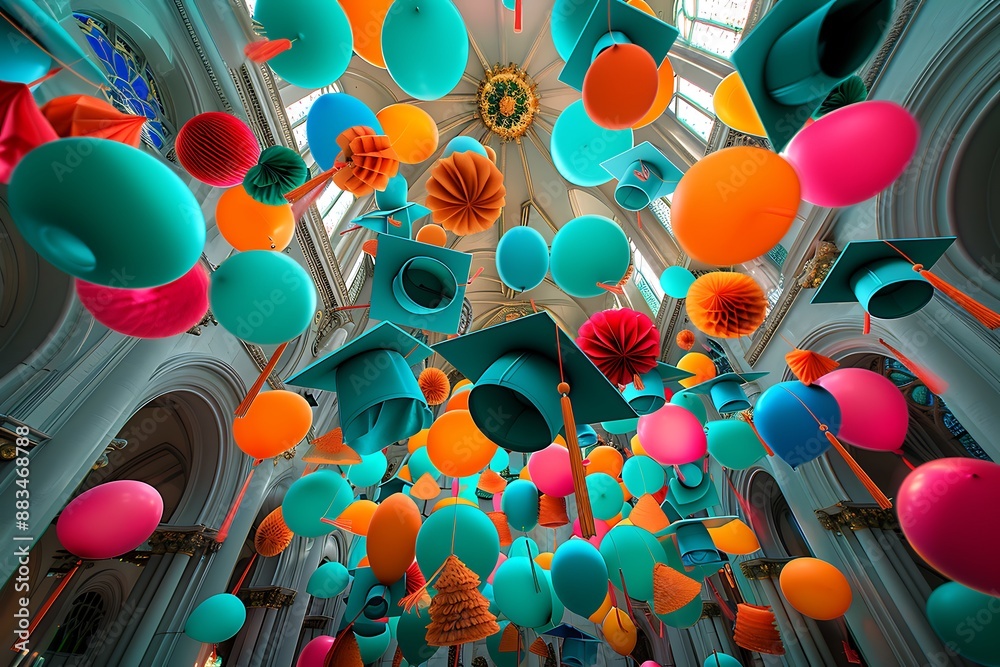 Graduation travel ideas in a digital art style, captured from an eye level angle with a rule of ...