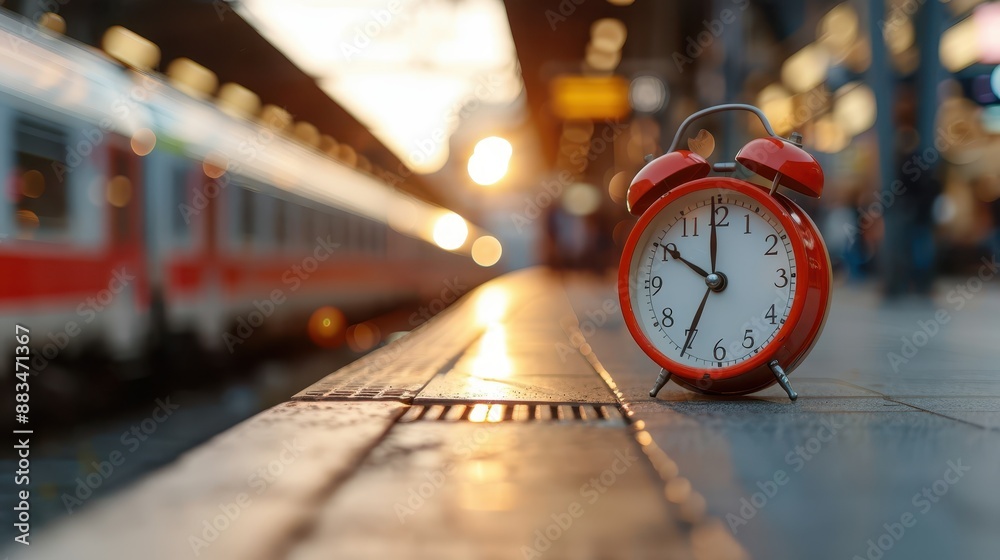 A retro alarm clock positioned on a train station platform at sunrise ...