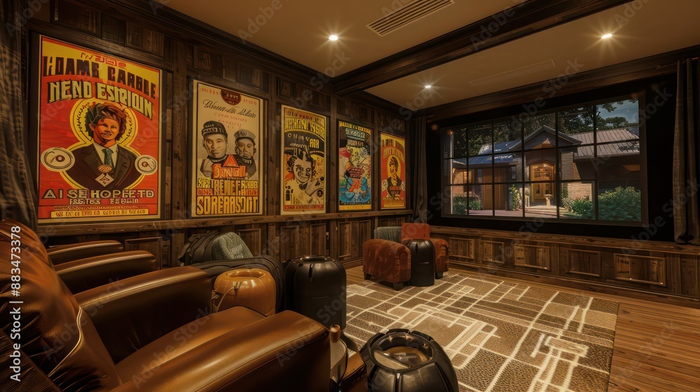 suburban farmhouse with a state-of-the-art home theater room, featuring ...