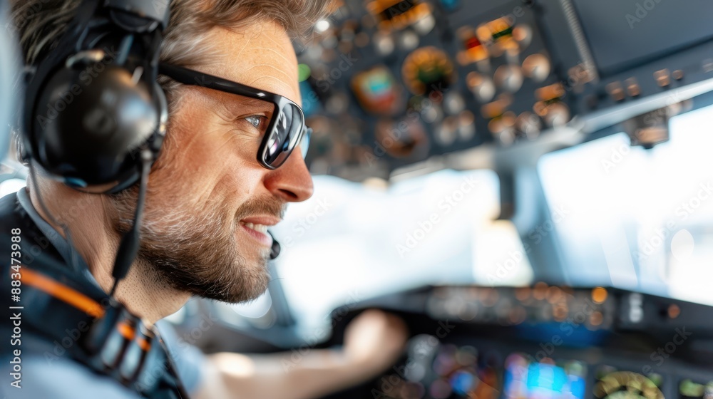 The image shows a pilot focused on the aircraft controls while wearing ...