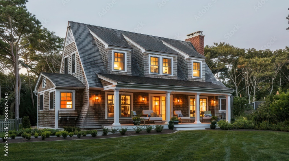 suburban farmhouse with a Cape Cod style, featuring shingle siding ...