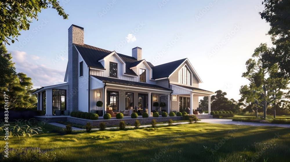 suburban farmhouse with a modern exterior and a classic interior ...