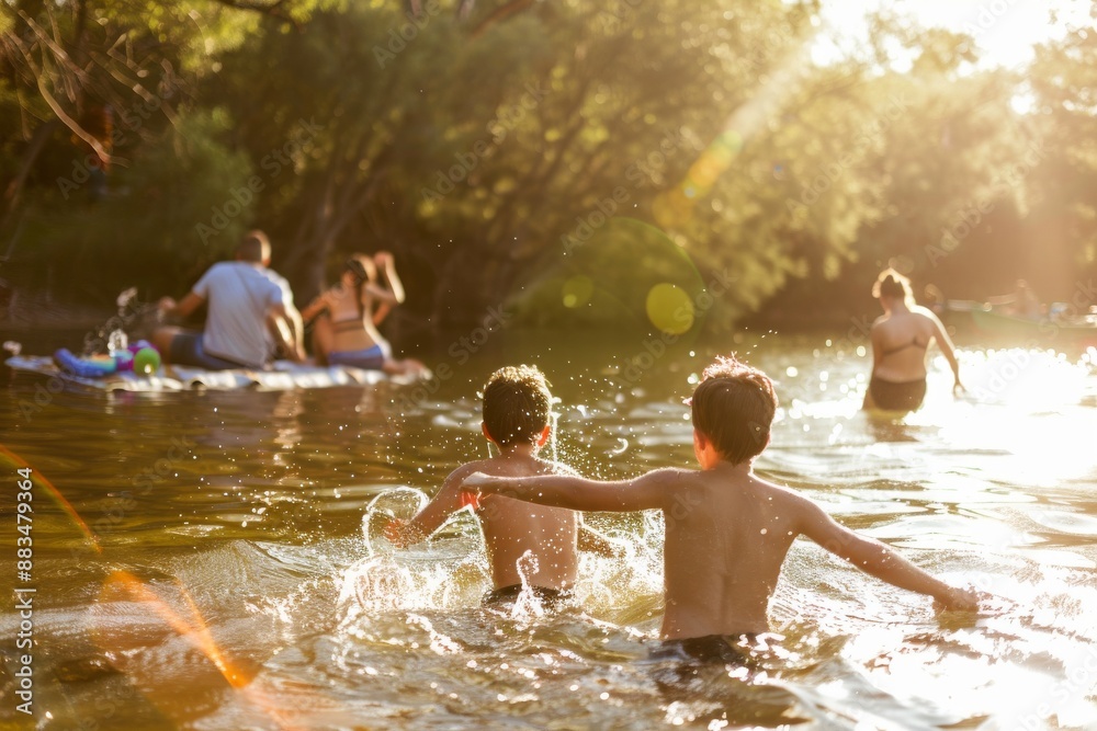 Joyful children splashing in a crystal-clear lake, with their parents ...