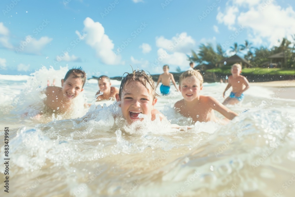 Huge sea waves and happy playful children and adult bathing on summer ...
