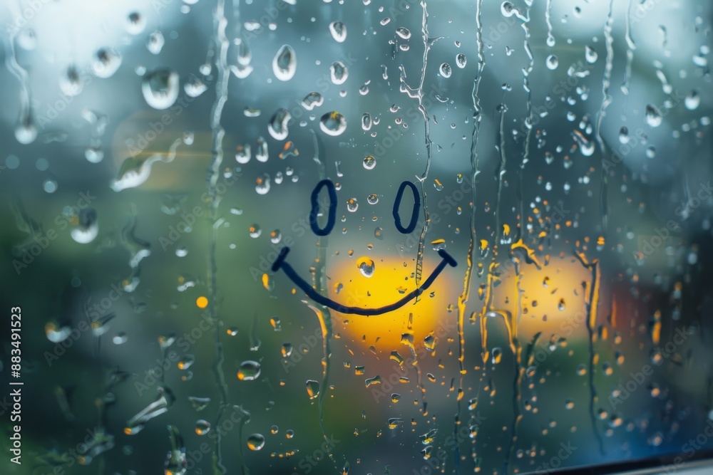 Smiley face drawn on wet glass window with raindrops. Happiness and ...