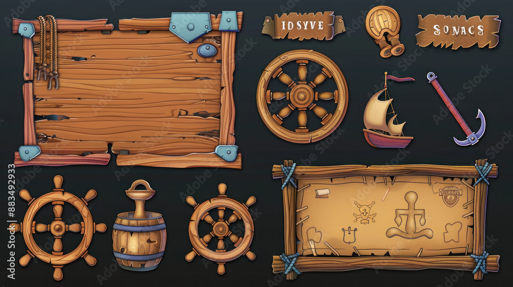 Design elements for pirate games - cartoon style wooden plates for ...