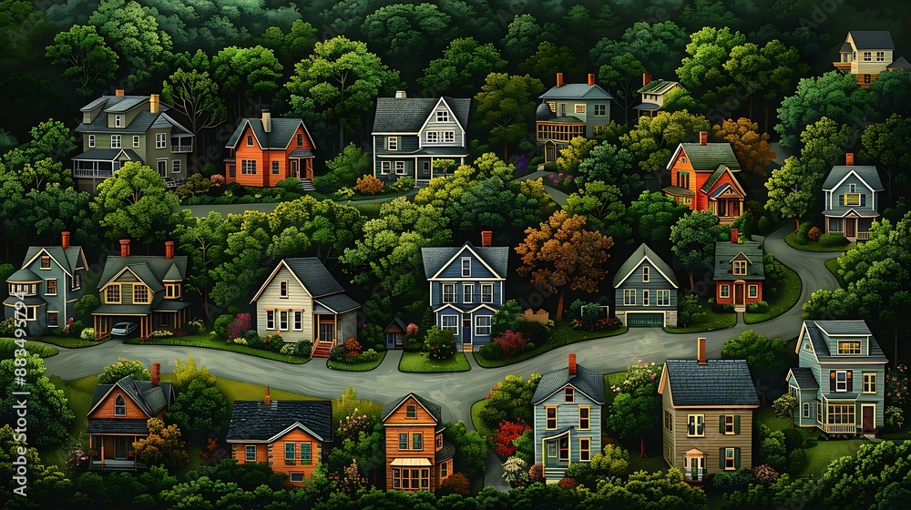 Vibrant illustration of a Neighborhood View showing various homes ...