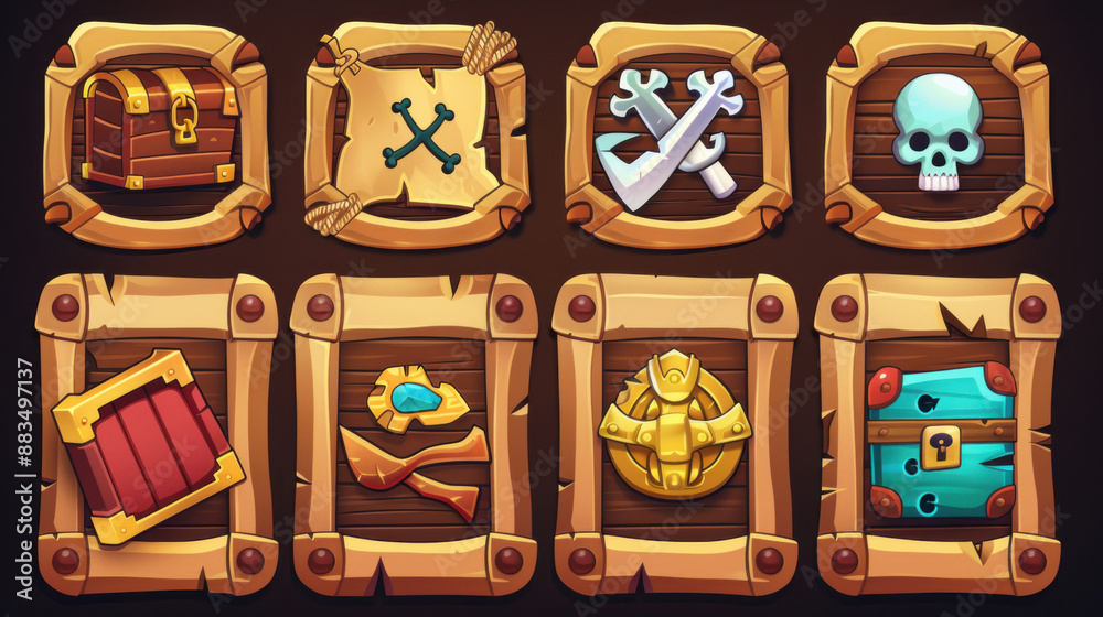 Pirate-themed game interface icons, like a wooden menu panel, victory ...