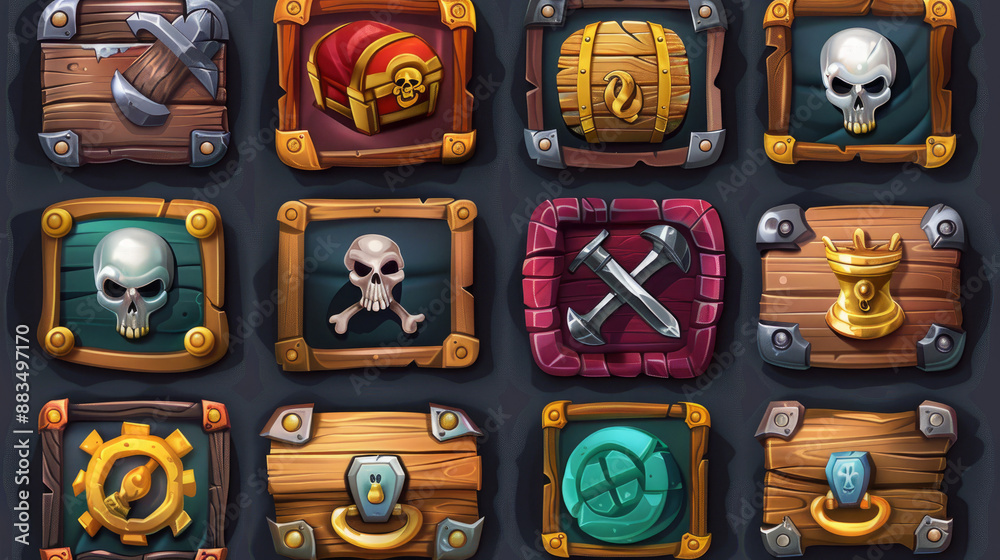 Pirate-themed game interface icons, like a wooden menu panel, victory ...