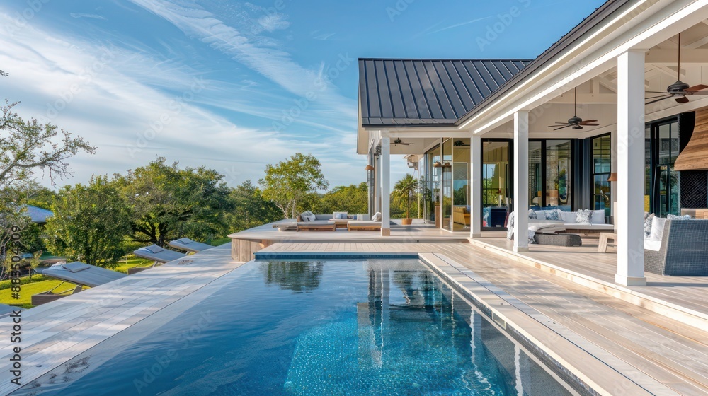 expansive modern farmhouse with a wrap-around veranda, outdoor ceiling ...