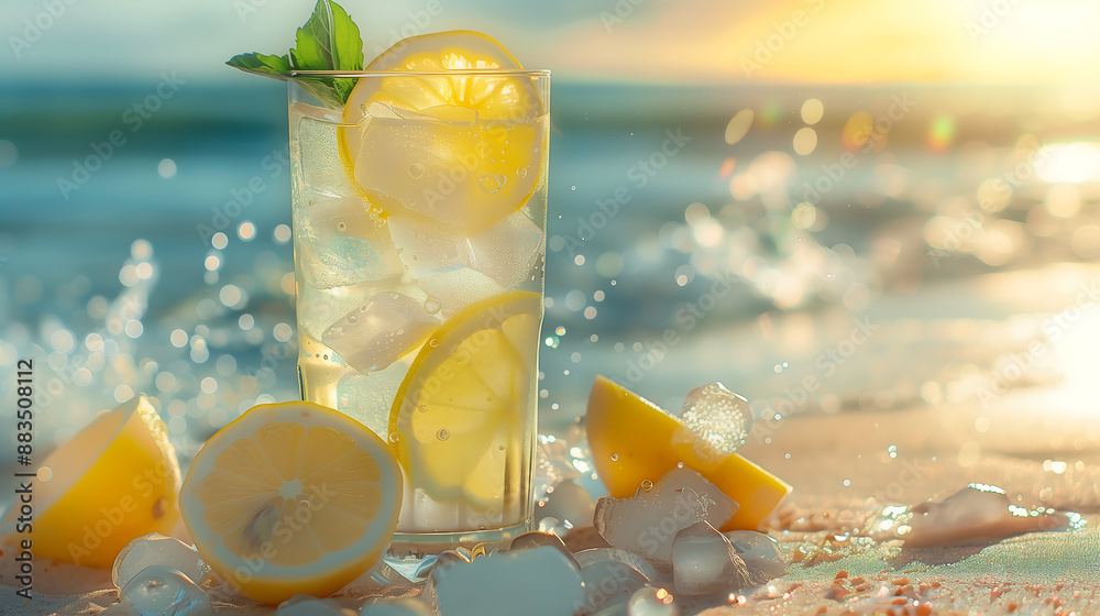 refreshing glass of lemonade with ice cubes and mint leaves, sitting on the beach in front of an ...