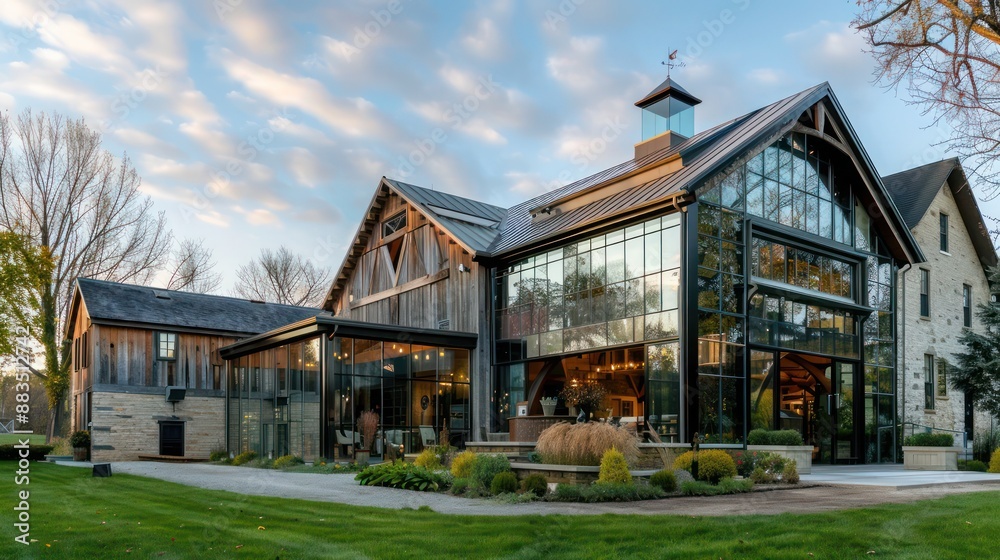 suburban farmhouse featuring a large barn converted into a guest house ...