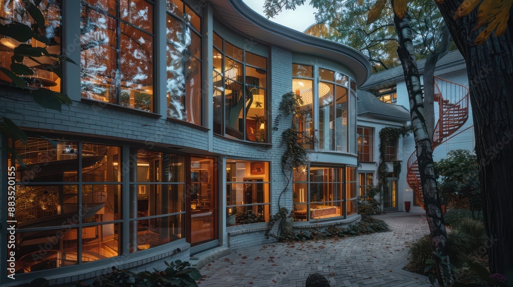 suburban farmhouse with a whimsical design, featuring curved windows, a ...