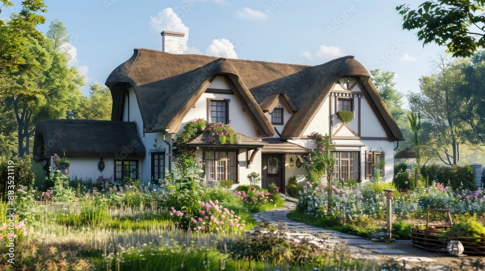 suburban farmhouse with a traditional English cottage theme, including ...