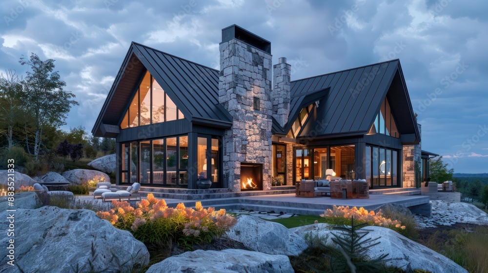 suburban farmhouse with a modern Canadian cabin theme, featuring ...