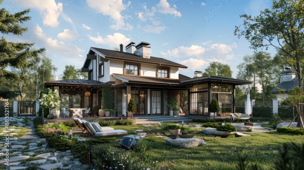suburban farmhouse with a contemporary Russian dacha theme, featuring ...