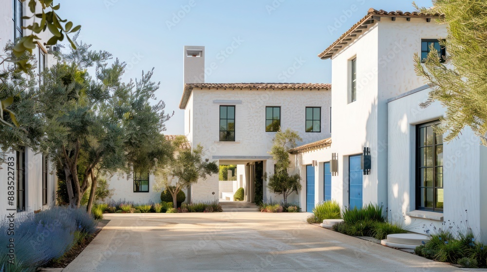 suburban farmhouse with a Grecian theme, featuring white plaster walls ...