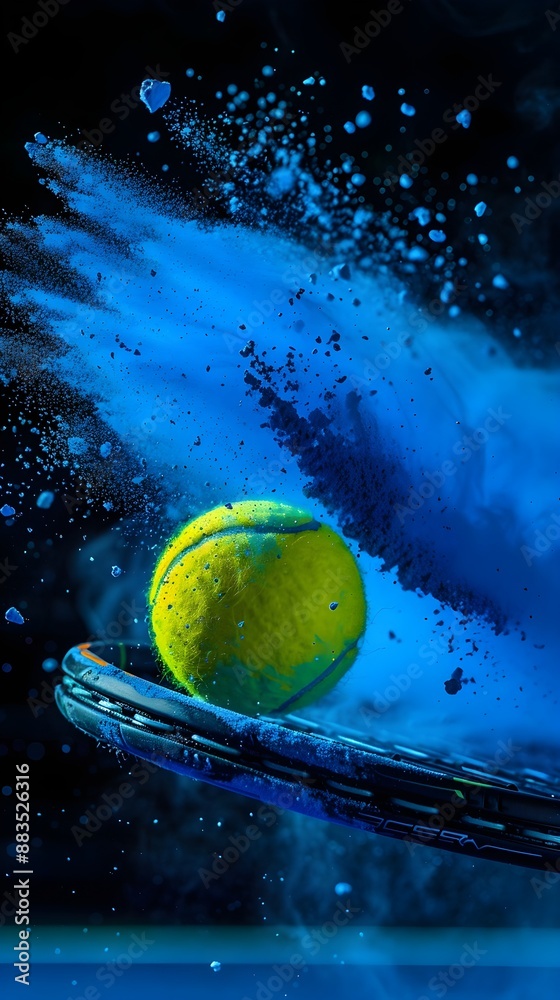 Tennis ball in mid-air, striking a racquet, surrounded by vibrant blue ...