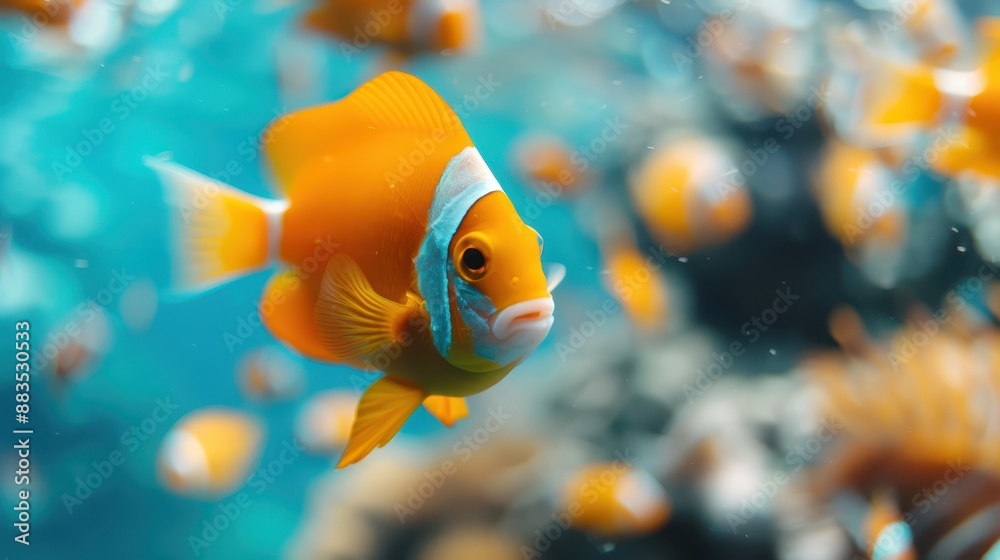 Detailed close-up image of a clownfish among a school of fish in clear ...