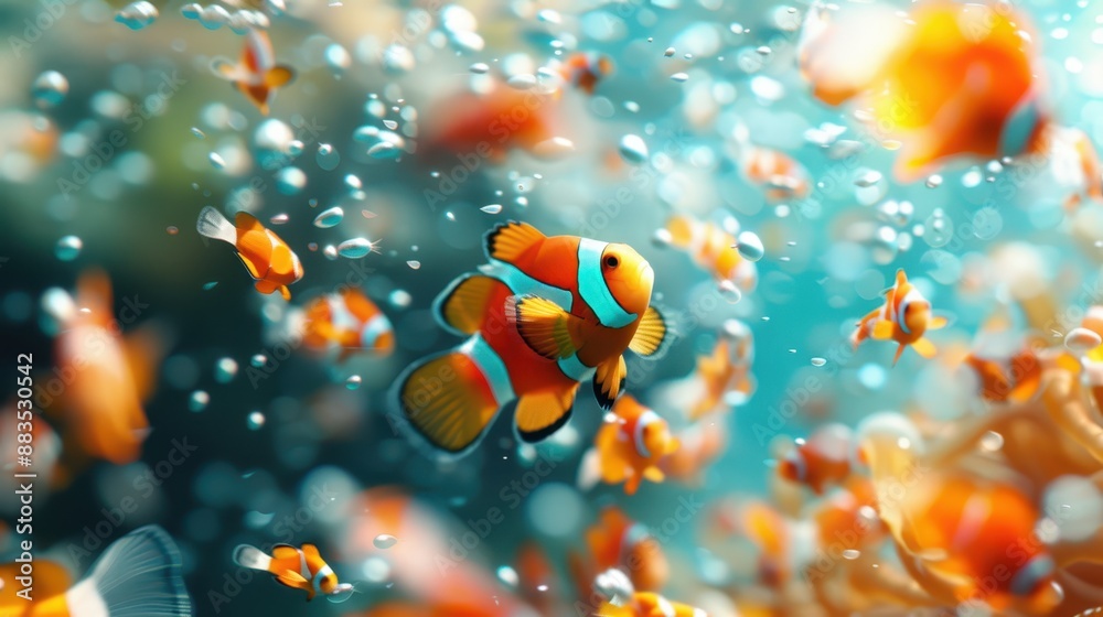 Vibrant clownfish swimming among bubbles and other fish in tropical ...