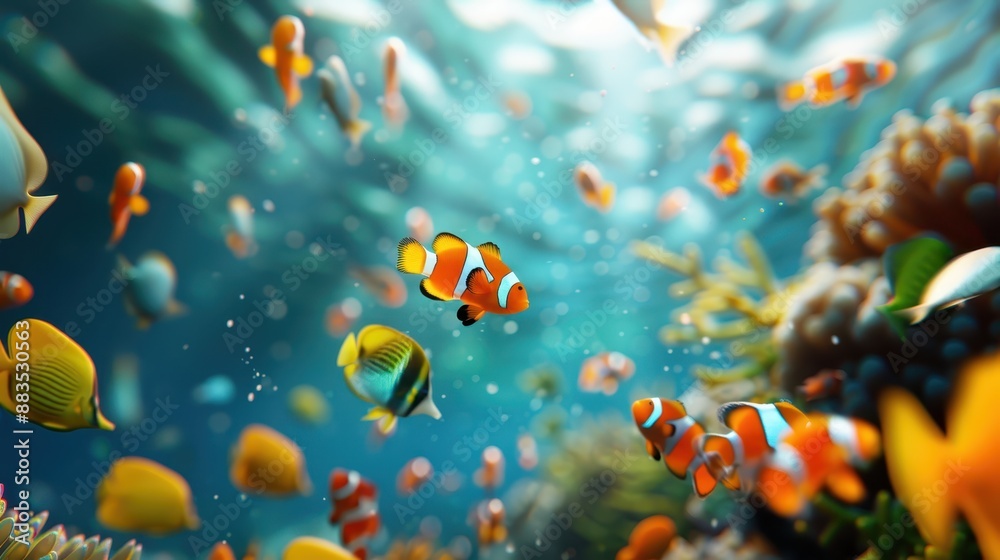 Clownfish swim in harmony with other vibrant fish in the clear blue ...