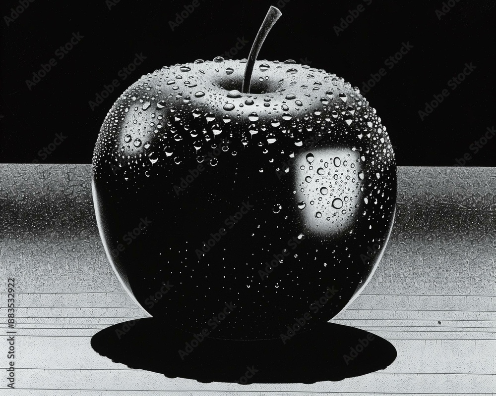 Black and White Illustration of a Water-Drop-Studded Apple with Shadow ...