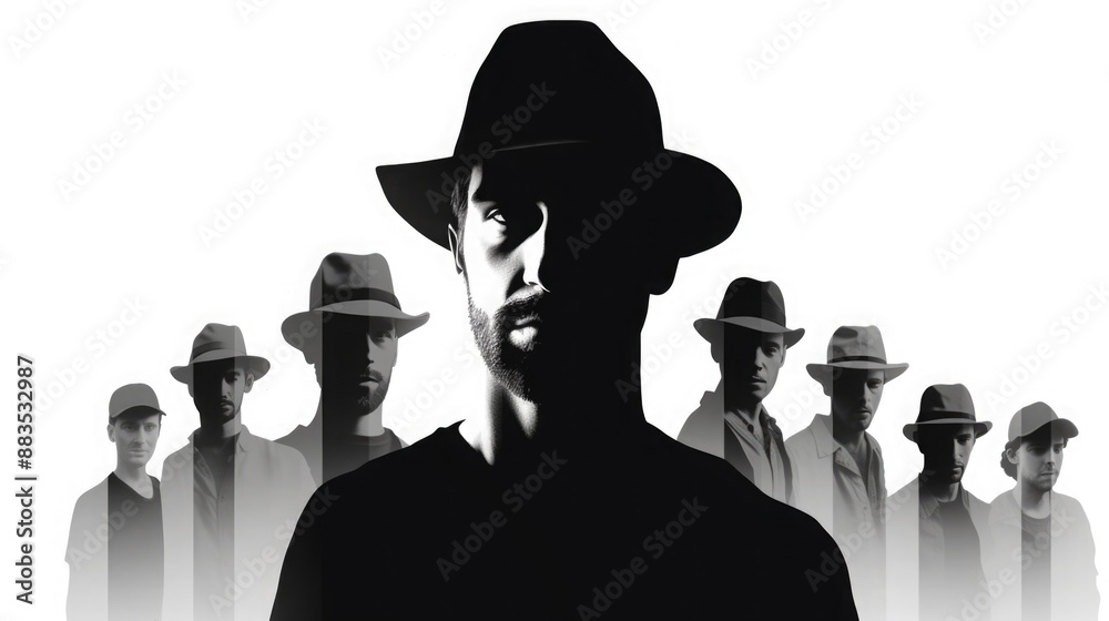 group of guys on black and white. strength and confidence. men, flat ...