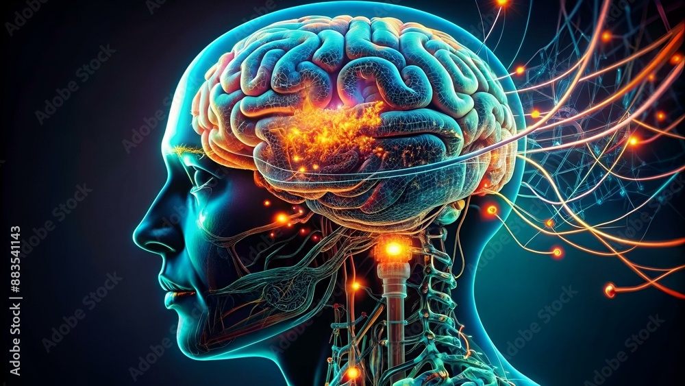 Artificial cybernetic circuit brain inside human nerves system (side ...