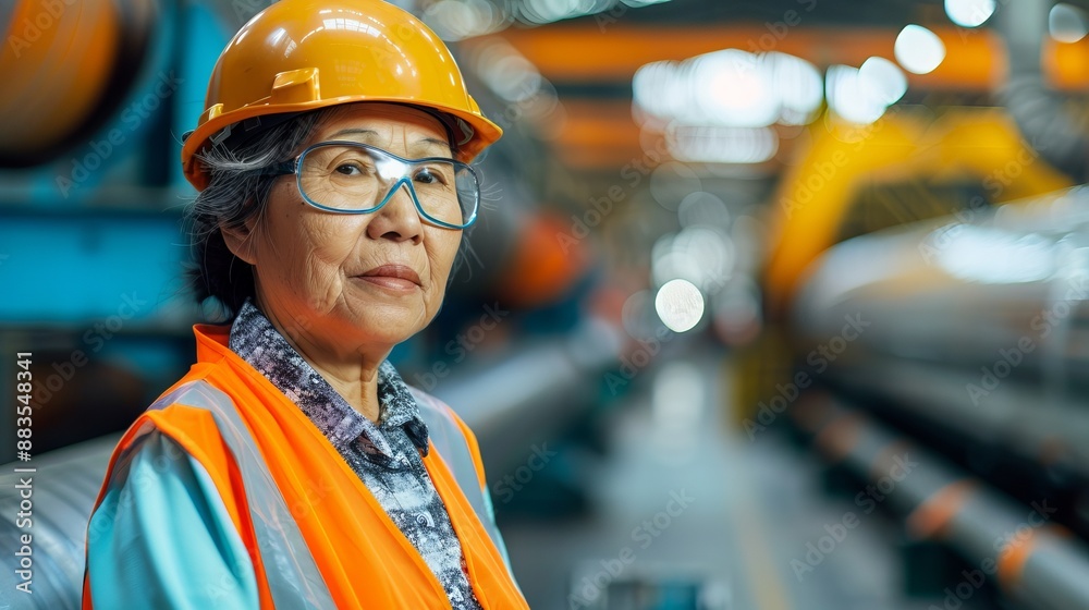 Asian elderly female factory worker with safety gear in an industrial ...