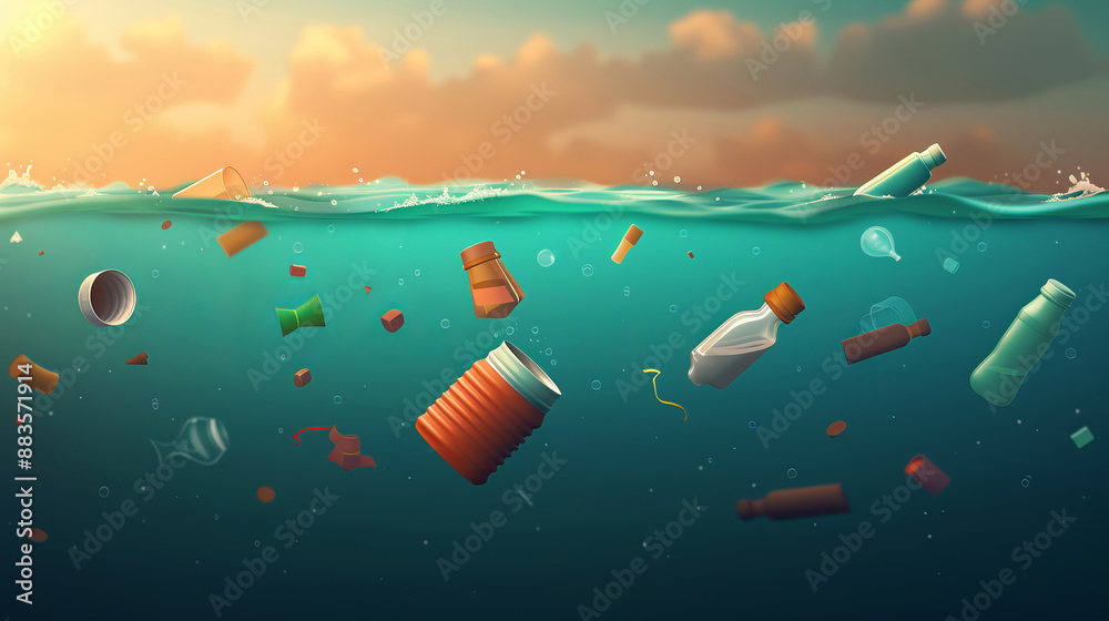 Ocean pollution with plastic waste floating on water under a beautiful ...