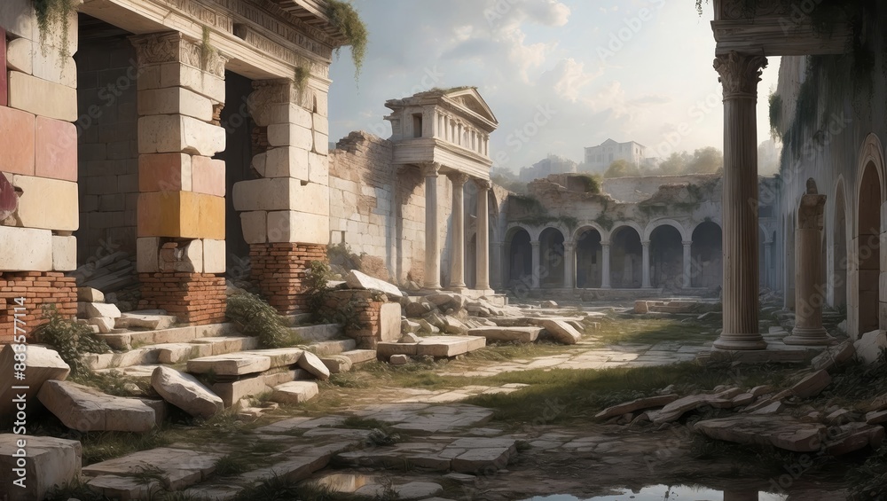 Ruined Roman temple courtyard with columns, arches, and overgrown ...