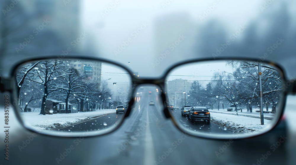 An illustration of a view through a pair of prescription glasses. Vision through glasses with ...