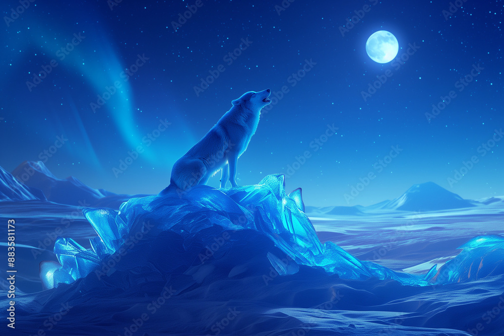 wolf howling under the aurora borealis on a crystal-clear ice formation ...