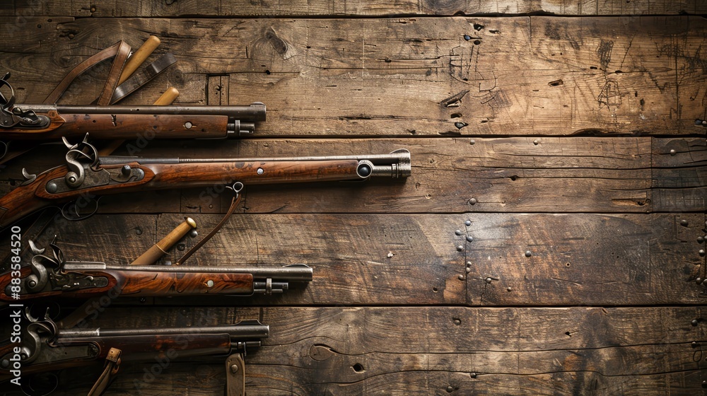 Antique French weapons displayed on a rustic wooden wall, highlighted ...