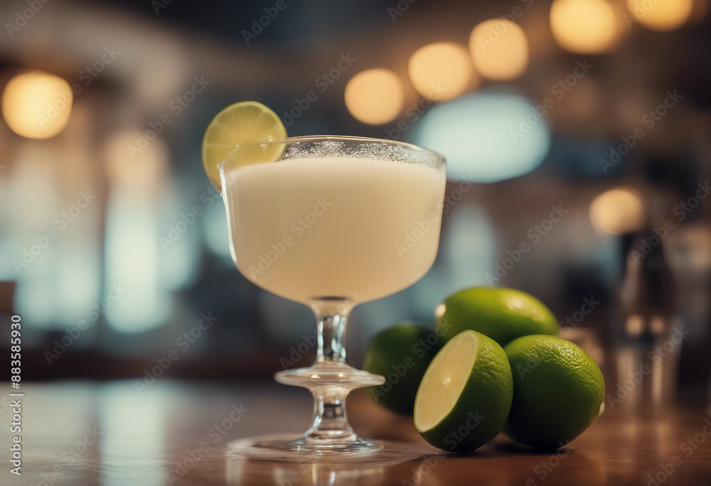 Pisco sour in a coupe glass with a lime twist and bitters in an elegant ...