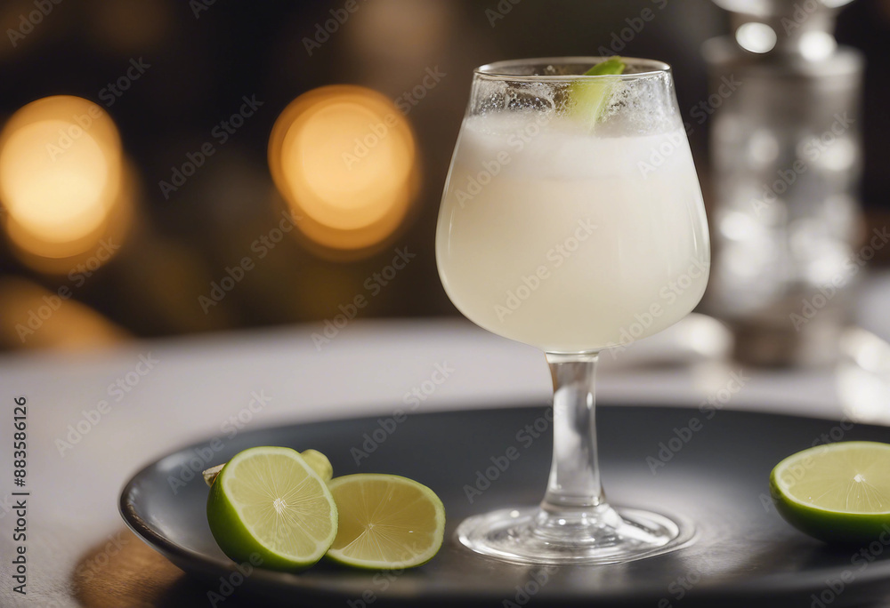Pisco sour in a coupe glass with a lime twist and bitters in an elegant ...