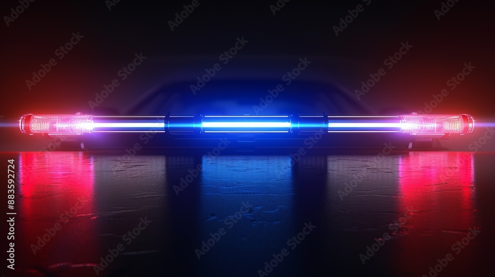 A front view of a police car with a glowing light bar emitting ...