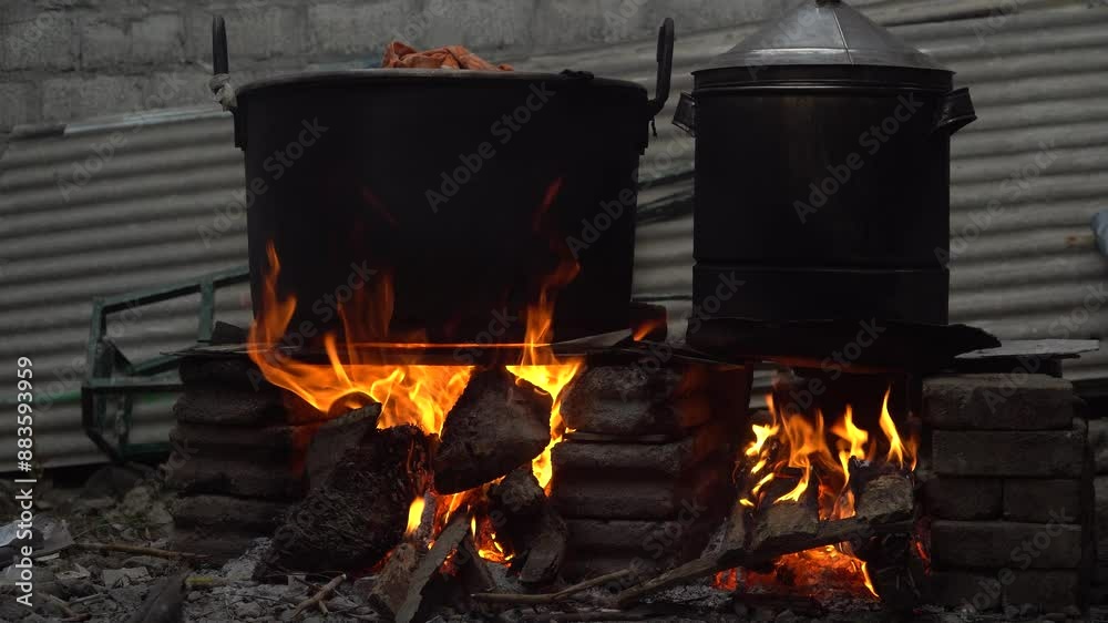 A fire burns in a wood burning stove with a black pot on top. Focus ...