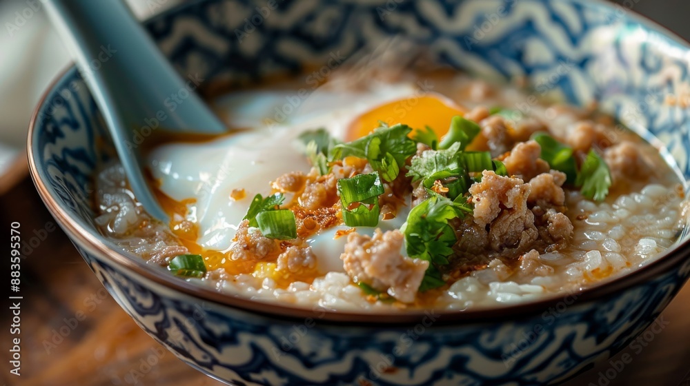 Minced Pork Steamed bouncy pork Congee Add Sweet Poached Egg Pour in ...