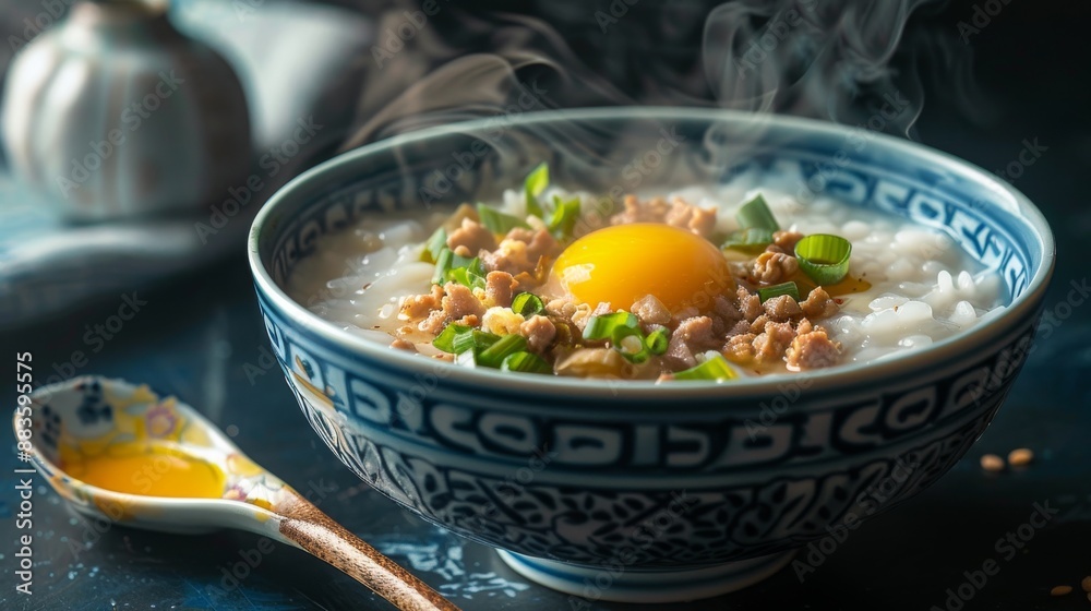 Minced Pork Steamed bouncy pork Congee Add Sweet Poached Egg Pour in ...