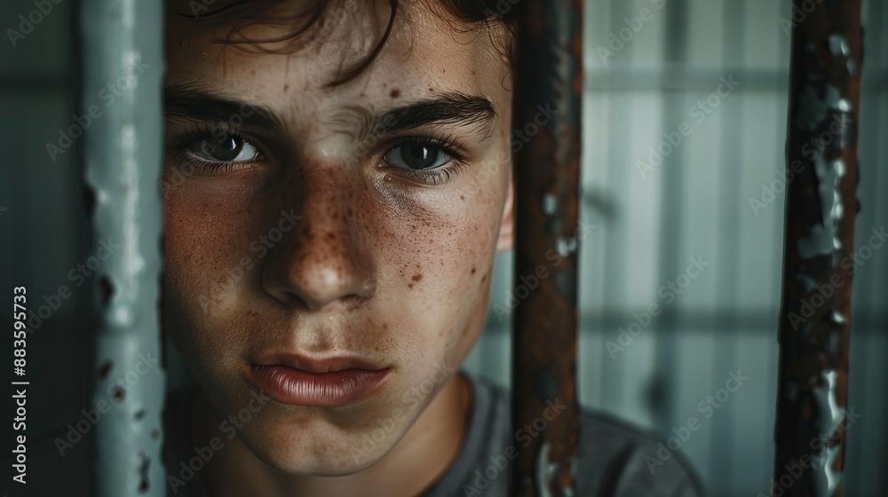 Portrait of a freckled boy with intense eyes behind rusty bars, looking ...