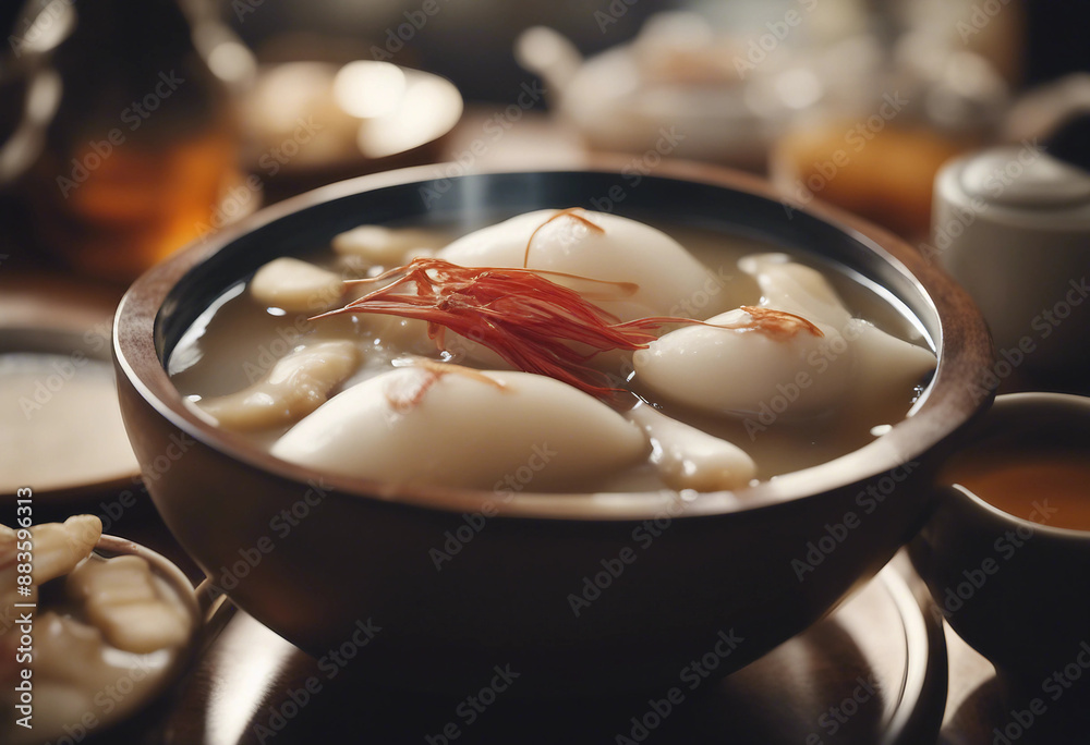 Samgyetang with ginseng and jujubes in a traditional Korean bowl with a ...