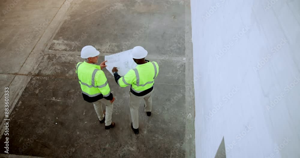 Construction, people and architect with paper in discussion for ...