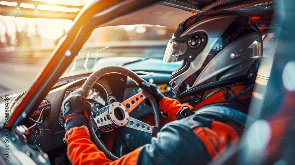 A driver in a racing suit navigates the interior of a classic car ...